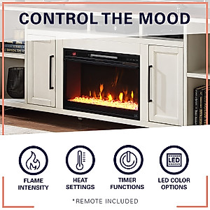 Bridgevine Home Modern 85 Inch Electric Fireplace TV Console. Accommodates TVs up to 95 inches. Fully Assembled. Poplar Solids and Okume Veneers. Jasmine Whitewash and Whiskey Finish.