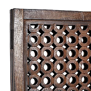 Deco 79 Wood Floral Handmade Hinged Foldable Partition 4 Panel Room Divider Screen with Intricately Carved Designs, 80" x 1" x 72", Brown