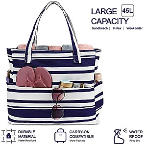 LEDAOU Beach Bag Sandproof Women Tote Bag Pool Bag with Zipper for Gym Grocery Travel with Wet Pocket (Blue White Stripes)