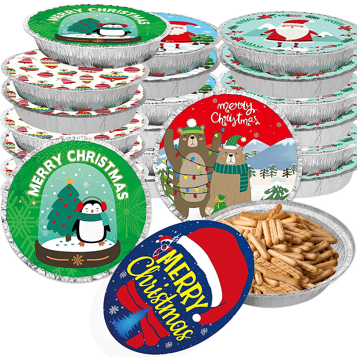 WorldBazaar Christmas Aluminum Food Containers with Lids 36PCS Christmas Disposable Lefover Containers Round Holiday Foil Tins Food Storage Pan Christmas Party Supplies