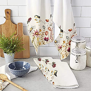LOVE HOME DAY Farmhouse Wild Flower and Birds Kitchen Towel Set of 1, Colorful Blossoms Floral Hand Towels Absorbent Microfiber Dish Cloth Beige Washable Tea Bar Dishcloth Cleaning Cloths