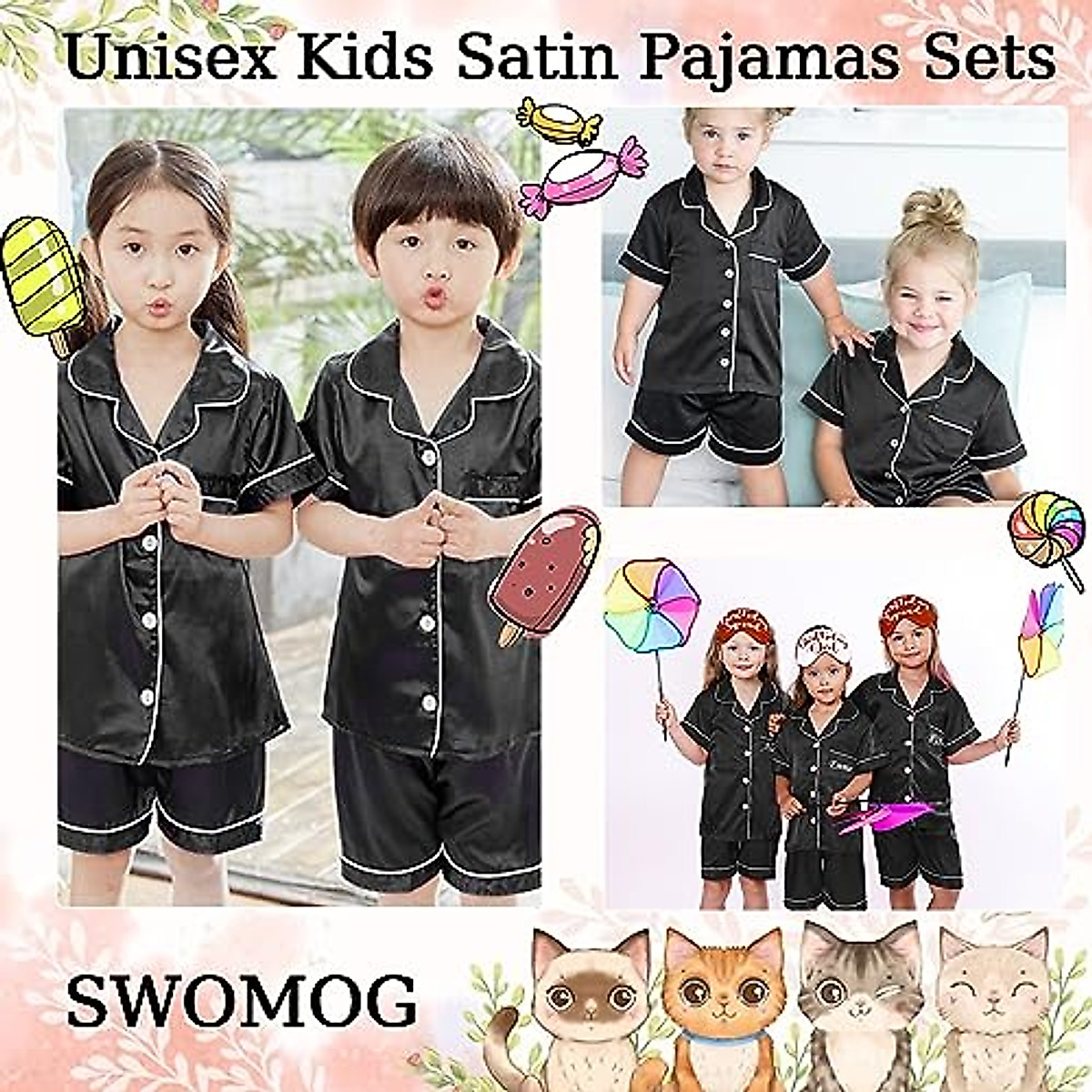 SWOMOG Kids Satin Pajama Set Size 6-7 Girls Boys Button Down Sleepwear Silk Pjs Set Short Sleeve 2 Pcs Summer Outfits Shorts Set Black