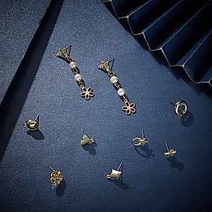 PH PandaHall 96pcs Earring Studs Backs 48pcs 12 Styles Golden Earring Posts Heart Moon Star Rhombus Pad Base with Loops Steel Pin and 48pcs Plastic Earring Backs for DIY Earring Making and Repairing