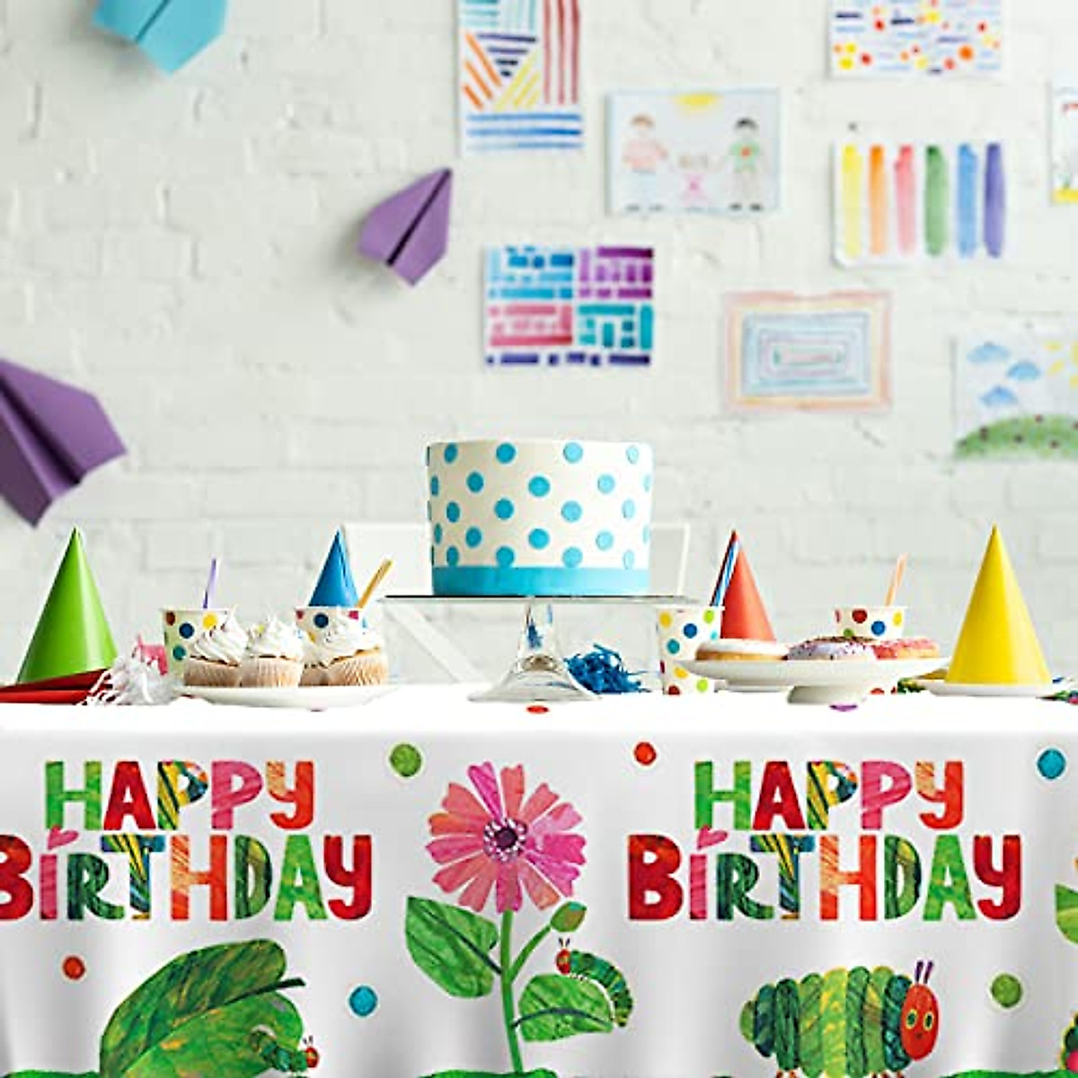 3 Pieces Cartoon Very Hungry Little Green Caterpillar Happy Birthday Tablecloth Insects Theme Rectangular Table Cover Decorations Decor for Kids Baby Shower 1st Birthday Party Dining Banquet Supplies