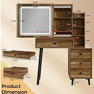 Sunvivi Vanity Desk with Sliding Mirror and LED Lights, 2 in 1 Wooden Makeup Vanity Desk for Nightstand and Dressing Table, Compact Medium Makeup Table with Sliding Mirror for More Storage Space