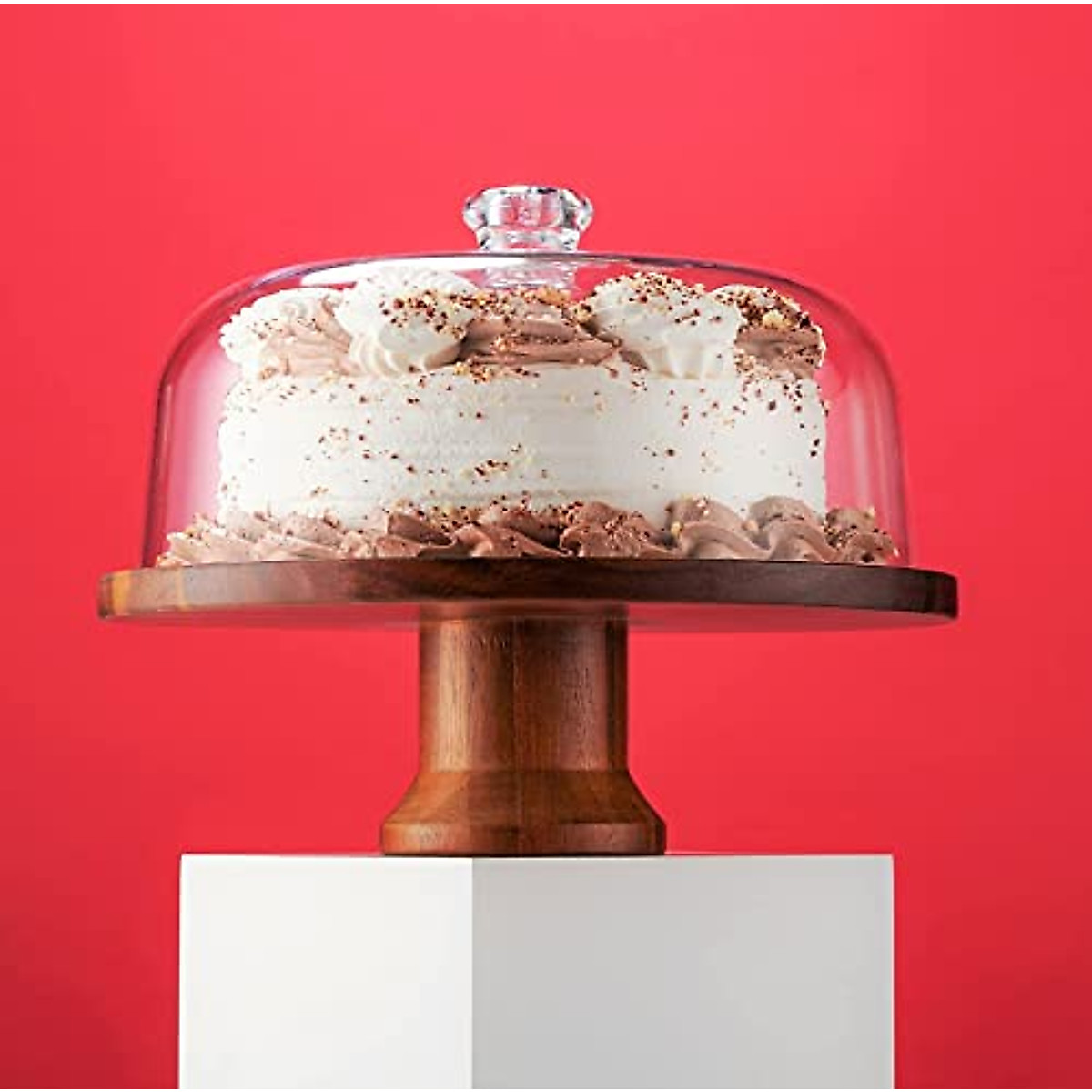 Godinger Footed Cake Plate, Acacia Wood and Shaterproof Acrylic Lid, Cake Stand with Dome