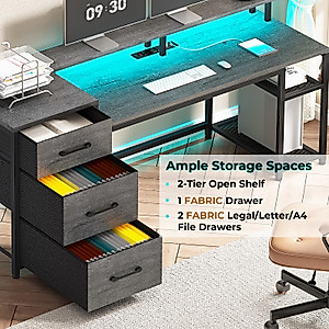 SEDETA 59" Office Desk with Drawers, Reversible Computer Desk with File Drawers & Storage, Gaming Desk with LED Lights & Power Outlet, Home Office Desks for Printer, Grey