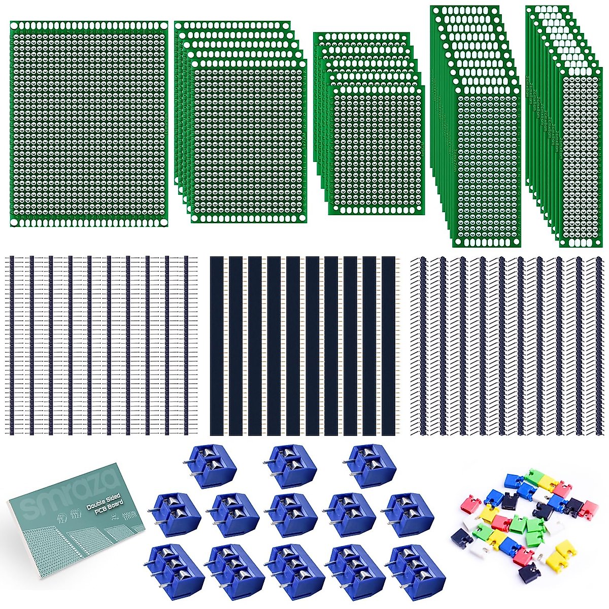 Smraza 104pcs Double Sided PCB Board Kit, Prototype Boards for DIY Soldering and Electronic Project Circuit Boards Compatible with Arduino Kits, 30PCS 40 Pin 2.54mm Male and Female Header Connector