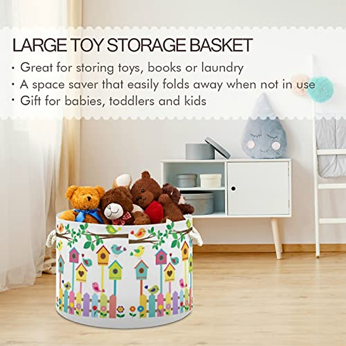 Colorful Birds and Birdhouses Raster Tree Branches Leaves Flowers Round Storage Basket Waterproof Print Collapsible Fabric Cube With Cotton Rope Handles Laundry Bag Organizer Toys Clothes for Room