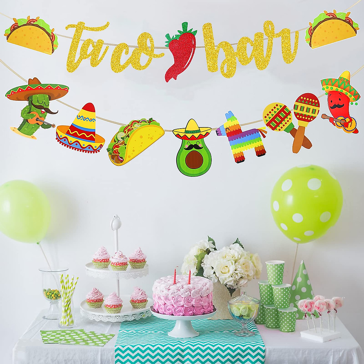 Rismise Fiesta Taco Bar Banner Garland 2 set Mexican Fiesta Party Banner with Cactus Donkey Maraca Sombrero Taco Pepper for Mexican Cinco de Mayo Fiesta Theme Party Decorations