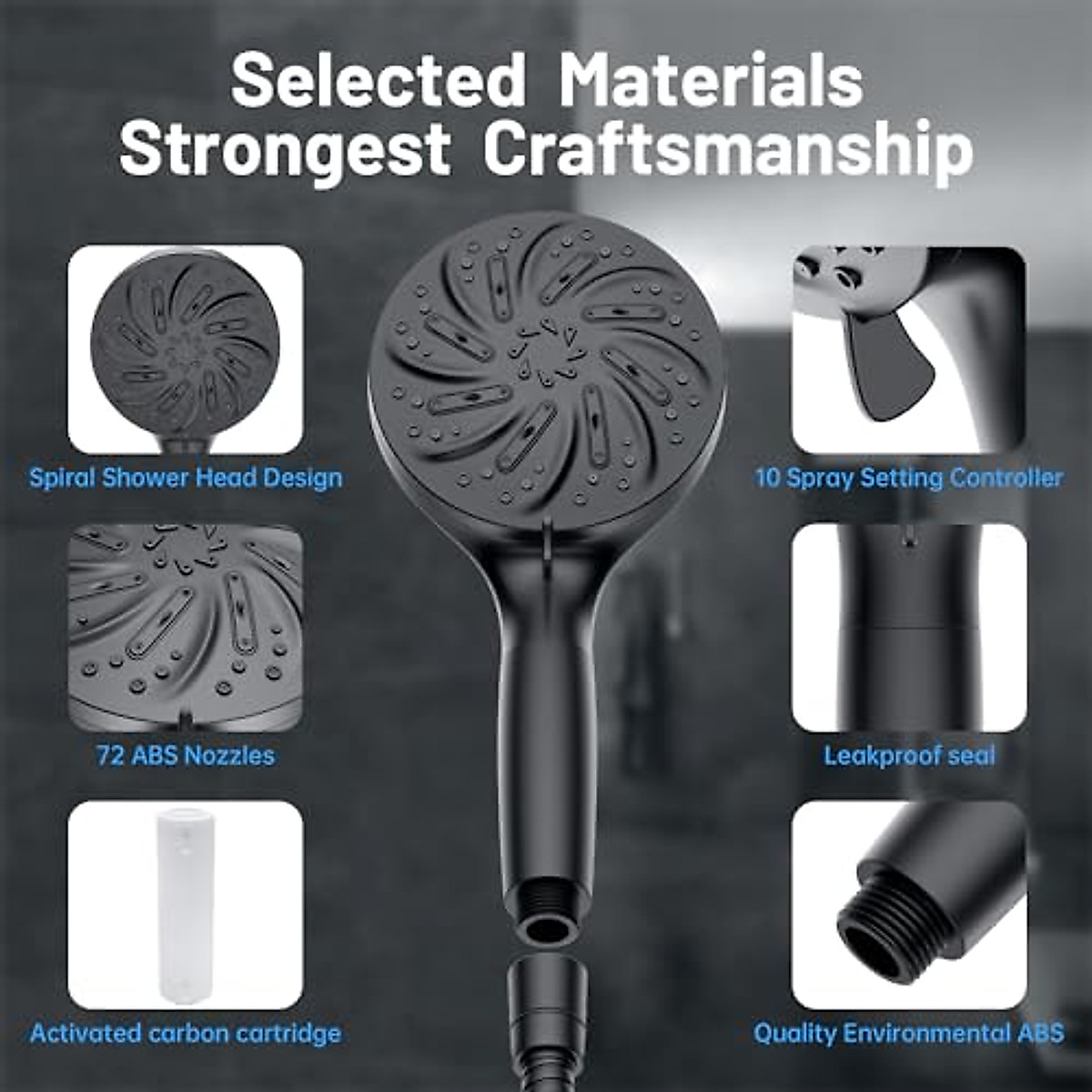 High Pressure Shower Head with Handheld - Filtered Shower Head with Pause and Jet 𝟏𝟎 Spray Modes, 5 Inch Removable Powerful High Pressure Showerhead with Extra Long Hose and Detachable Filter Wand