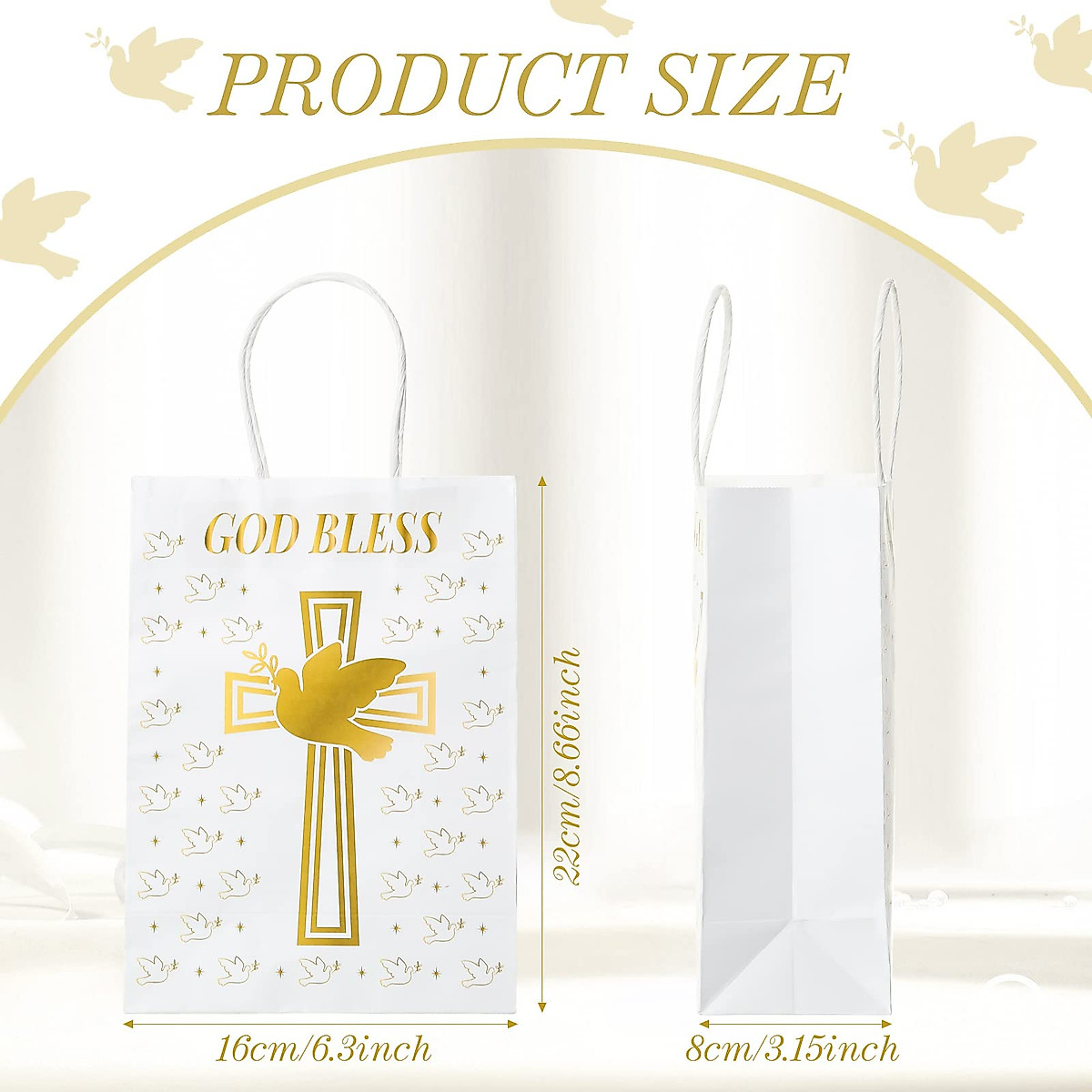 PerKoop 36 Pack First Communion Gift Bags for Boys and Girls Small Religious Party Favor Bags Paper Baptism Candy Bags for Baby Shower Christenings Weddings Confirmations, 8.66 x 6.3 x 3.15 Inch