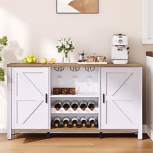 YITAHOME Farmhouse Coffee Bar Cabinet, Barn Doors Liquor Cabinet with Storage, 55'' Sideboard Buffet Kitchen Storage Cabinet with Wine Racks and Glass Holders for Kitchen, Dining Room, Antique White