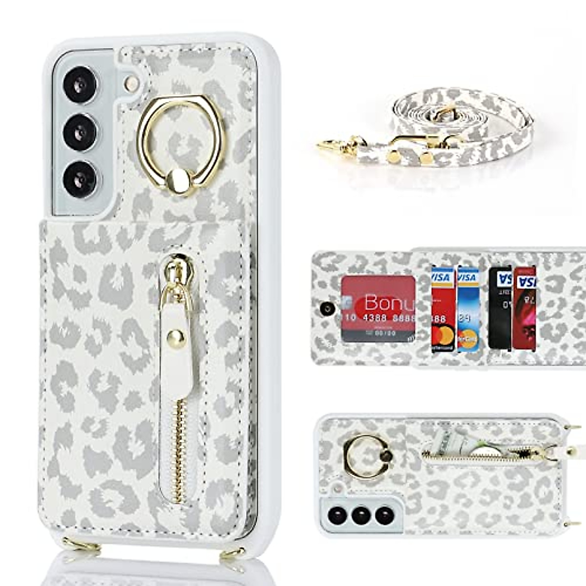 Jaorty for Samsung Galaxy S21 5G Phone Case for Women with Card Holder,Galaxy S21 Case Wallet Crossbody Lanyard with Strap,Credit Card Slots Kickstand Case with Ring Holder,6.2 Inch,White Leopard