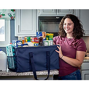 Lucazzi Extra Large Utility Tote Bag - Oversized Collapsible Reusable Wire Frame Rectangular Canvas Basket With Two Exterior Pockets For Beach, Pool, Laundry, Car Trunk, Storage - Navy Blue