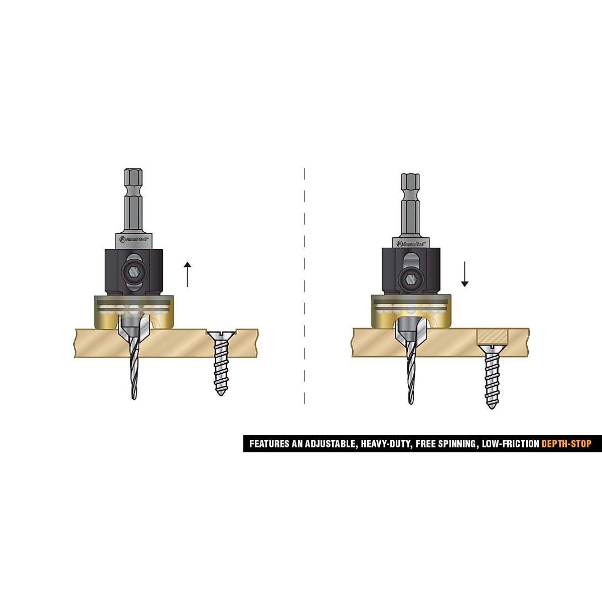 Amana Tool 55151 Carbide Tipped 82 Degree Countersink with Tapered Drill and Adjustable Depth Stop with No-Thrust BB 3/8 D x 1/8 Drill D x 1/4 Inch Quick Release Hex SHK