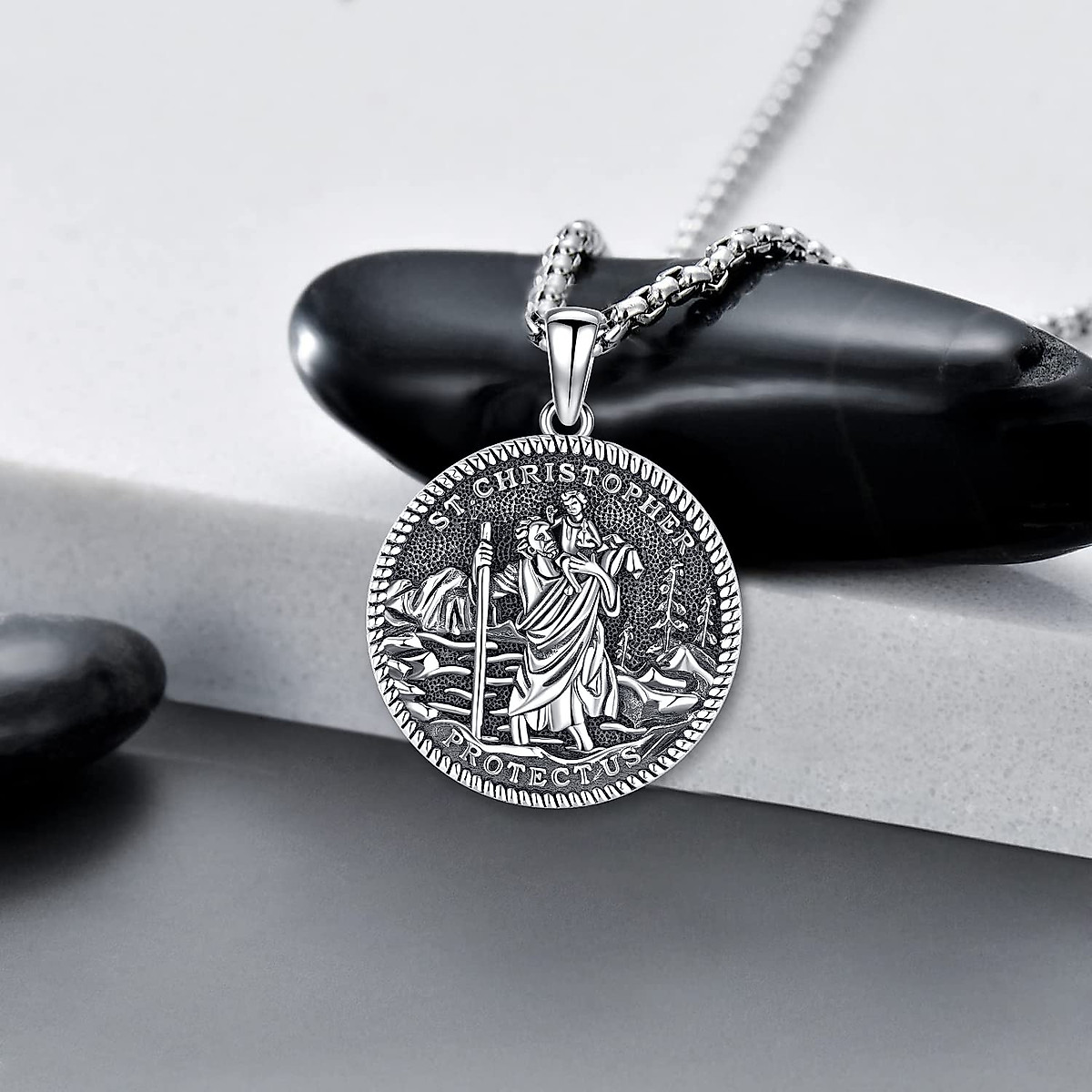Aniu St Christopher Necklace for Men Saint Christopher Necklace for Men St Christopher Medal Medallion Pendant Necklace Sterling Silver Protect Talisman Necklace Tavel Jewelry