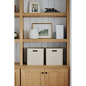 Chloe and Cotton Vegan Leather Storage Bin | Living Room Storage Container | Sturdy Basket with Handles | Decorative Bin for Shelves, Bookcases & Cubbies | Beige