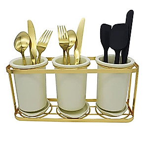 FORESEEX Ceramic Kitchen Outdoor Silverware Caddy Flatware Cutlery Holder Utensils Organizer with Drain Tray and Metal Rack for Spoons Knives and Forks (Light Yellow 3 Cups)