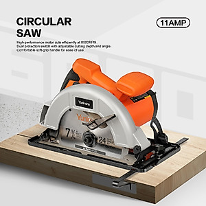 Yunirvana 11 Amp Corded Circular Saw with Circular Saw Blade, 6000RPM, Adjustable Cutting Depth, 7-1/4 Inch Blade, Ideal for Wood and Plastic Cuts, Professional Carpentry Tool for Precision Cutting