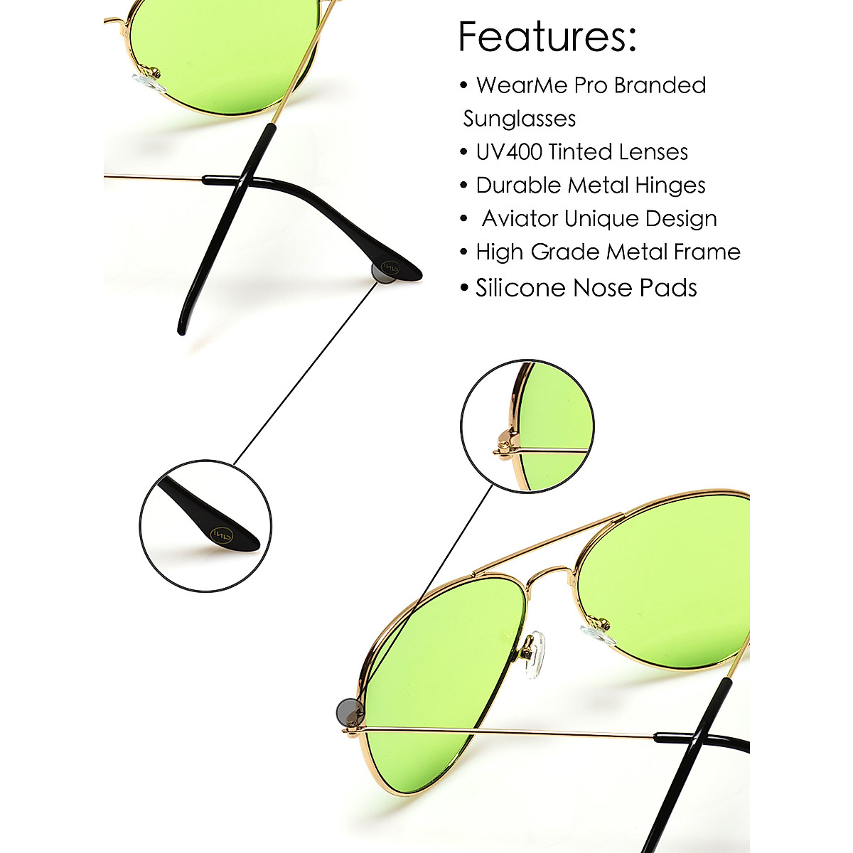 WearMe Pro Classic Aviator Style Metal Frame Sunglasses (Gold Frame/Green Tinted Lens, 59)