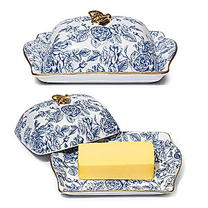 Ceramic Butter Dish, Hand Painted Blue Italian Flower Design - Fridge Or Countertop - Container Storage Floral Pattern Home Decor, Butters Plate - Lid & Golden Rim for Kitchen, Decorative Colored Tray