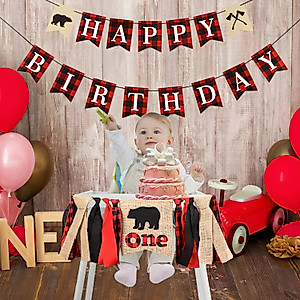 Boao Lumberjack First Birthday Party Decorations Lumberjack Buffalo Plaid 1st Highchair Banner Camping Wild Bear Birthday Party High Chair Banner for Baby Boy Girl Photo Props Backdrop Decors