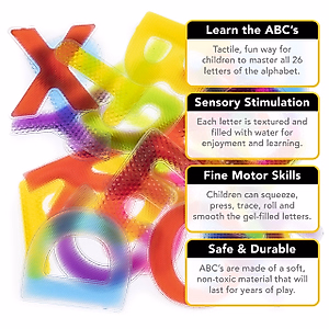 Playlearn 26pc Large Size Sensory Alphabet Letters - Multiple Textures - Gel Filled Tactile Letters - ABC Learning Toy - Light Table Toy