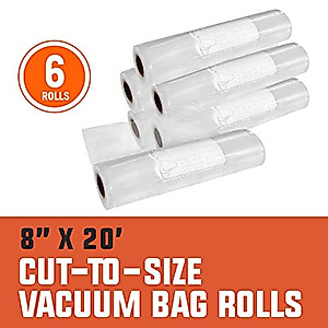 PrimalTek 8” x 20’ Cut-to-Size Vacuum Bag Rolls — 6 Rolls Included, User Friendly for Food Preservation — Microwave, Freezer and Boil Safe, BPA-Free, Compatible with Most Vacuum Sealer Machines