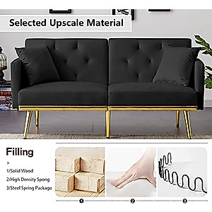 60"Convertible Folding Futon Sofa Bed with 2 Pillows and Armrest,Modern Velvet Sleeper Couch Bed with 3 Adjustable Backrests,Recliner Loveseat for Small Space,Living Room Bedroom Apartment (Black)