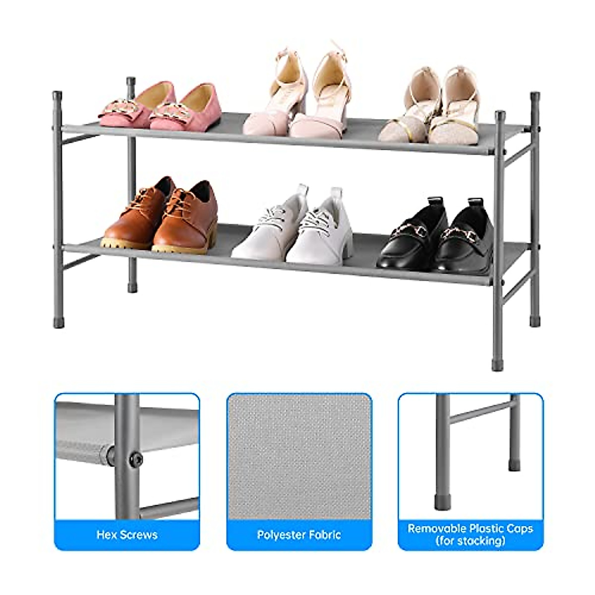 MAX Houser 2-Tier Stackable Shoe Rack, Fabric Shoe Shelf Storage Organizer for Closet Bedroom Entryway, Gray