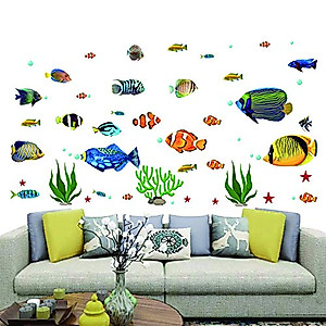 Fish Wall Stickers Under The Sea Decorative Wall Decals Coral Reef Fish Wall Stickers Peel and Stick Starfish Wall Art Sticker Decals for Kids Nursery Bedroom Living Room