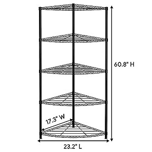 Sasoiky 5 Tier Corner Storage Shelves, Wire Shelving Unit, Metal Shelf, Steel Storage Rack 23.2" L x 17.3" W x 60.8" H for Laundry Bathroom Kitchen Pantry Closet, Black