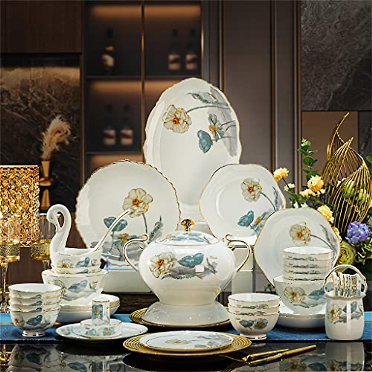 GAENZA Home Tableware 60 Piece Rice Bowl Cutlery Set Bowl Plate Dish Ceramic Tableware