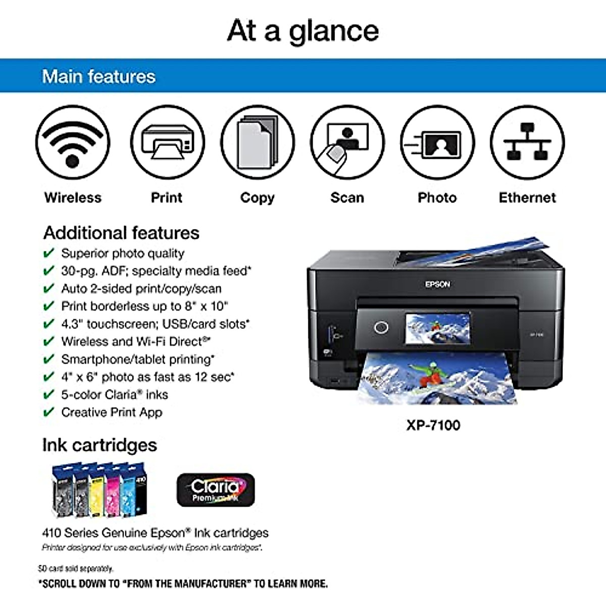 Epson Expression Premium XP-7100 All-in-One Color Inkjet Printer - Print Scan Copy - 15 ppm, 5760 x 1440 dpi, 8.5 x 14, Auto 2-Sided Printing, 30-Page ADF, Card Slot, Printable CD/DVD