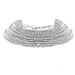 YERTTER Women Waterfall Rhinestone Chain Multilayered Chain Full Crystal Tight Sparkly Choker for Party Prom Vacation (Silver)