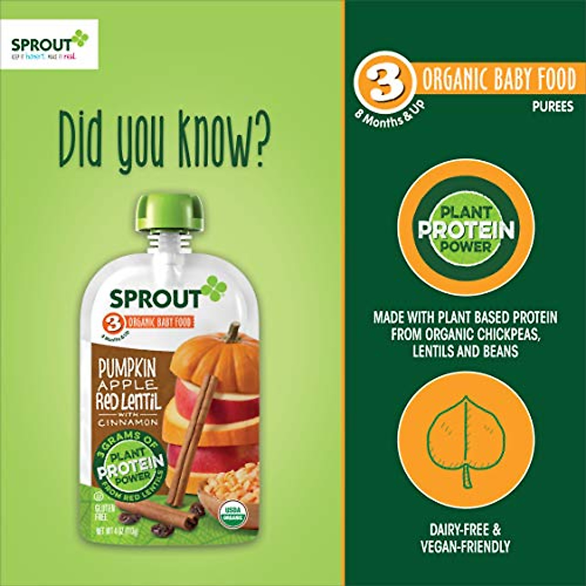 Sprout Organic Baby Food, Stage 3 Pouches, Pumpkin & Red Lentil Plant Powered Protein, 4 Oz Purees (Pack of 6)