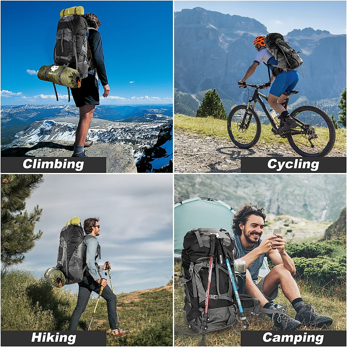 Night Cat Backpacking Tent with 70L Hiking Backpack Lightweight Waterproof Portable Easy Setup Outdoors for One 1 to 2 Persons