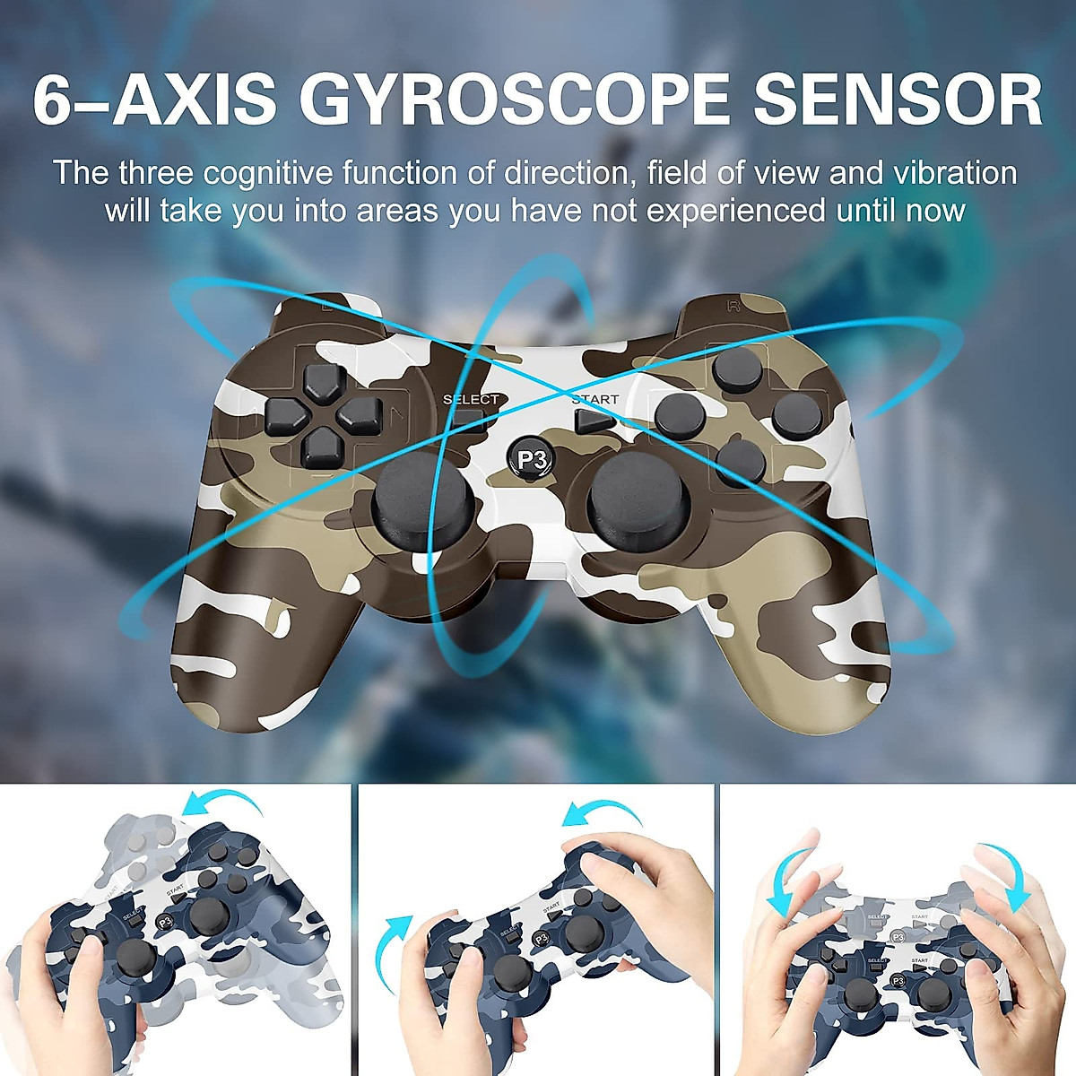 PS3 Controller Wireless 2 Pack, Upgraded Joystick Controller for PS3 with Double Shock, Motion Control (Camo Brown and Camo Blue)