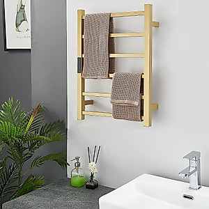 Heated Towel Warmer Rack, Wall Mounted Electric Towel Rail with Temperature Adjustment & Timer, 6 Bars Stainless Steel Drying Racks, Gold