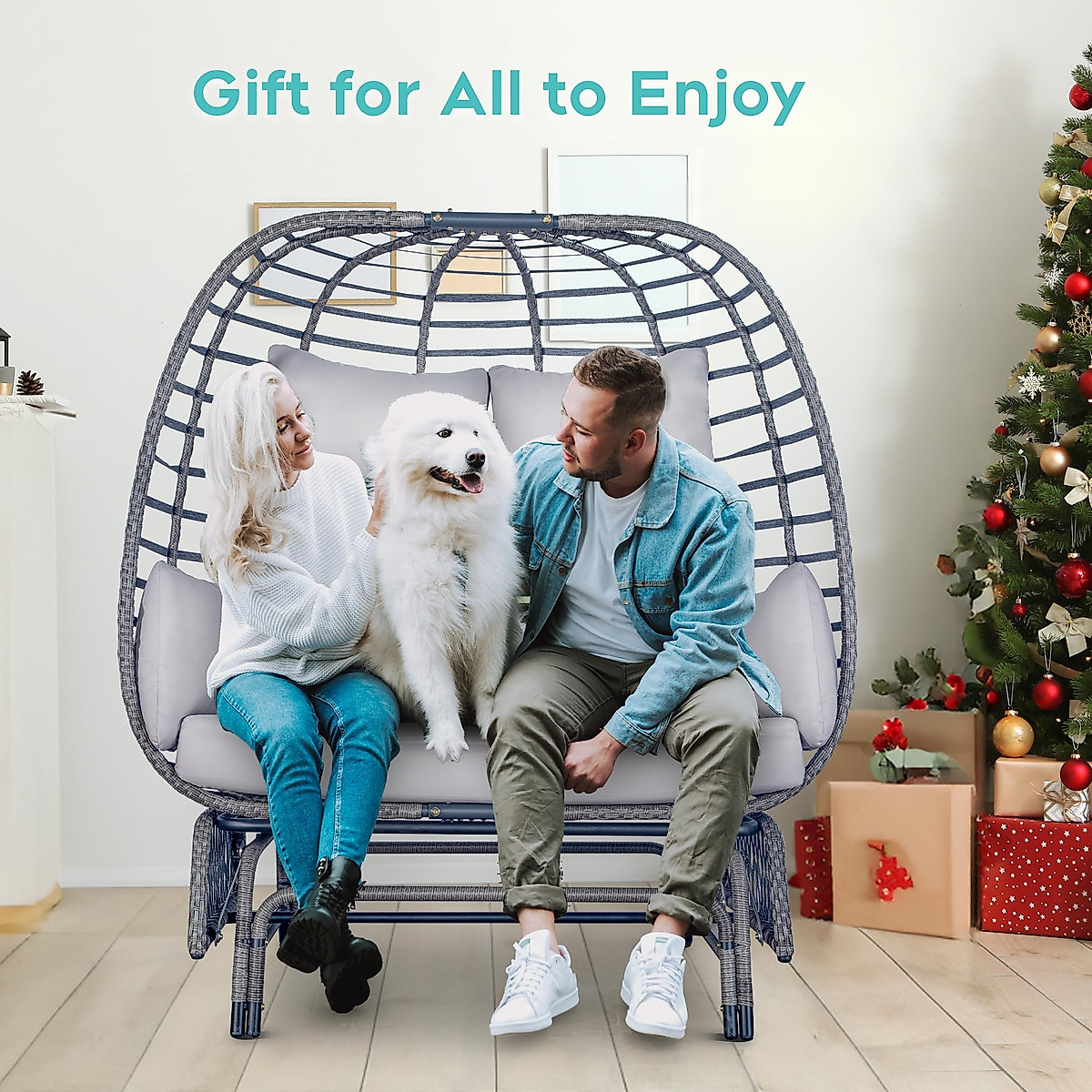 Outdoor Double Egg Chair Patio Chairs - 500lbs Capacity for 2 Person, Oversized Wicker Rocking Glider Chair with Steel Stand, Hand-Woven Lounge Chair Nest Loveseat for Indoor, Porch, Backyard, Balcony