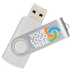8GB Custom USB Flash Drives Personalized with Your Logo - for Promotional Use - Swivel - White Body/Silver Clip - 20 Pack