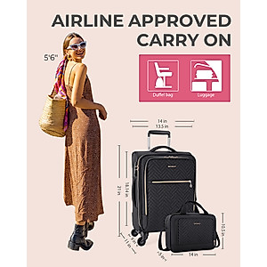 BAGSMART Carry On Luggage 20 Inch, Expandable Suitcase, Luggage with Duffel Luggage Airline Approved Rolling Softside Suitcases Women Men, Carry-On Black Square Quilted