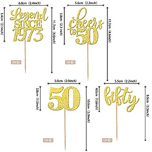 24 PCS Happy 50th Birthday Cupcake Toppers Glitter Fifty Cheers to 50 Legend Since 1973 Cupcake Picks for 50th Birthday Wedding Anniversary Party Cake Decorations Supplies Gold
