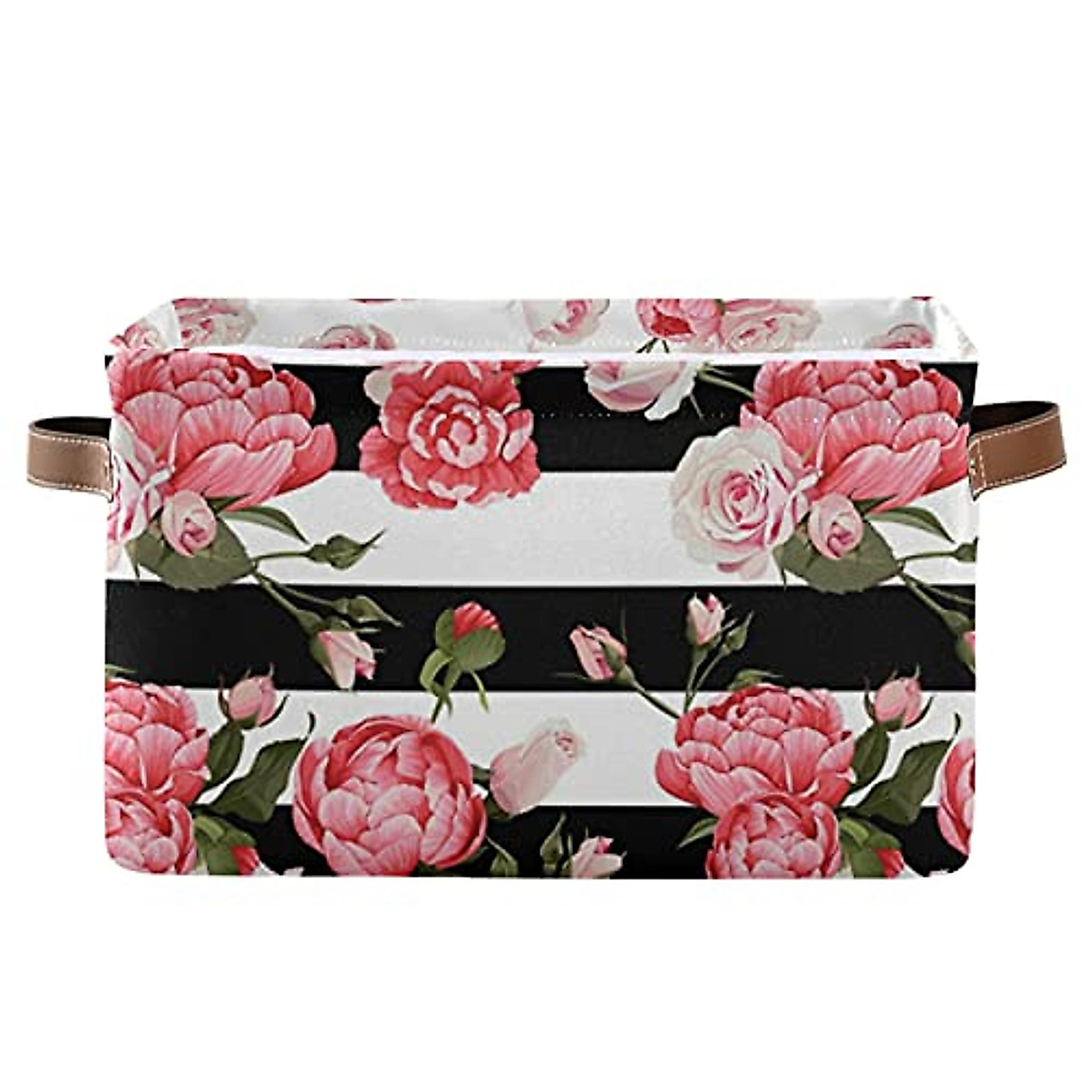 Oyihfvs Floral Peony and Roses Flowers On Black White Stripes Square Shelves Storage Basket Bin, Waterproof Laundry Hamper Bucket, Baby Nursery Organizer with Handles for Toys Clothes Room Closets