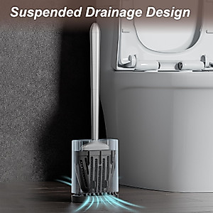 Sellemer Toilet Brush and Holder Set for Bathroom, Flexible Toilet Bowl Brush Head with Silicone Bristles, Compact Size for Storage and Organization, Ventilation Slots Base (Silver)