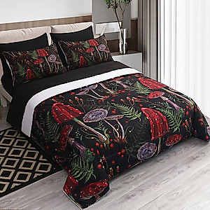 Gusuhome 7 Piece Mushroom Comforter Set King Size Mushroom Bedding Set Bed in A Bag 3D Plants Black Boho Quilt Set for Kid Boys Girls Teens Woman Adults All Season