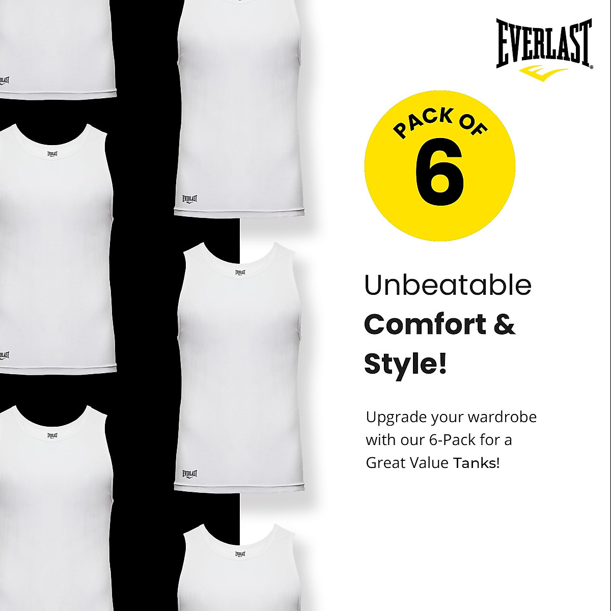 Everlast 6-Pack Men's Essential Tank Tops, Undershirts – Breathable, Tagless, Cotton Mens T Shirt – T Shirts for Men Pack (L, White)