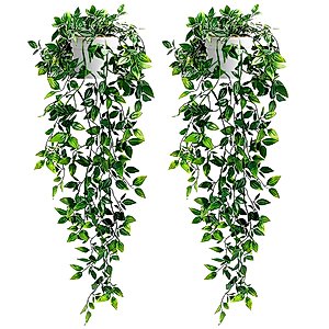 Opulence Star Artificial Hanging Plants, 2 Pack Fake Hanging Plant Fake Potted Greenery Plants Faux Eucalyptus Vine, Pothos Ivy Pea Pods for Home Wall Shelf Patio Garden Indoor Outdoor Decor