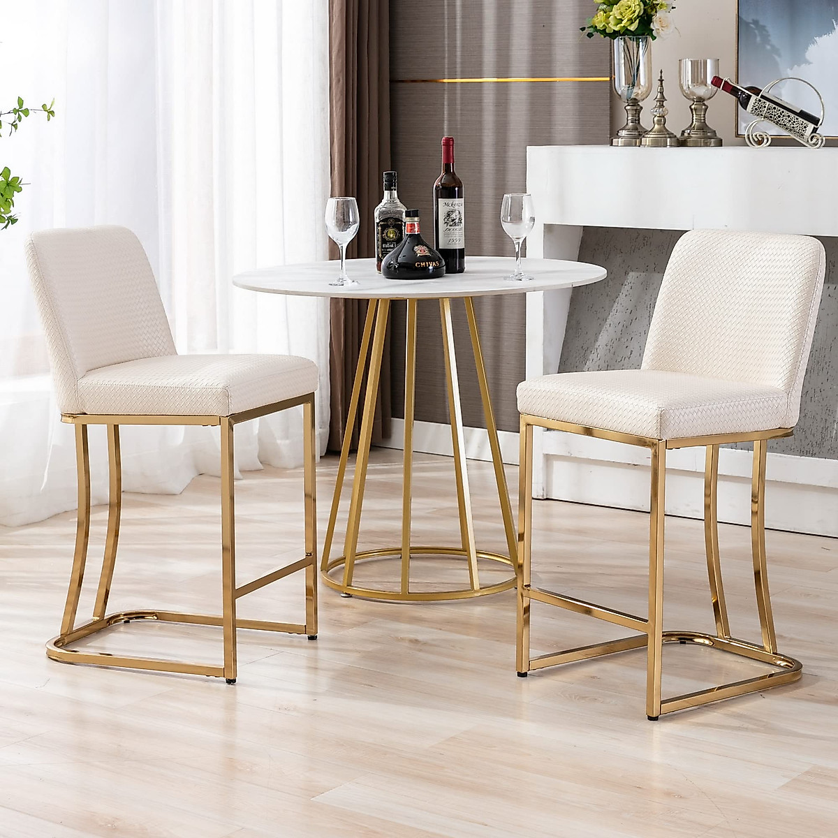 Wahson 24" H Gold Barstools Set of 2, Faux Leather Upholstered with Woven Counter Height Stools, Modern Fabric Bar Stools for Kitchen Island/Dining Room, with Golden Metal Frame, Beige